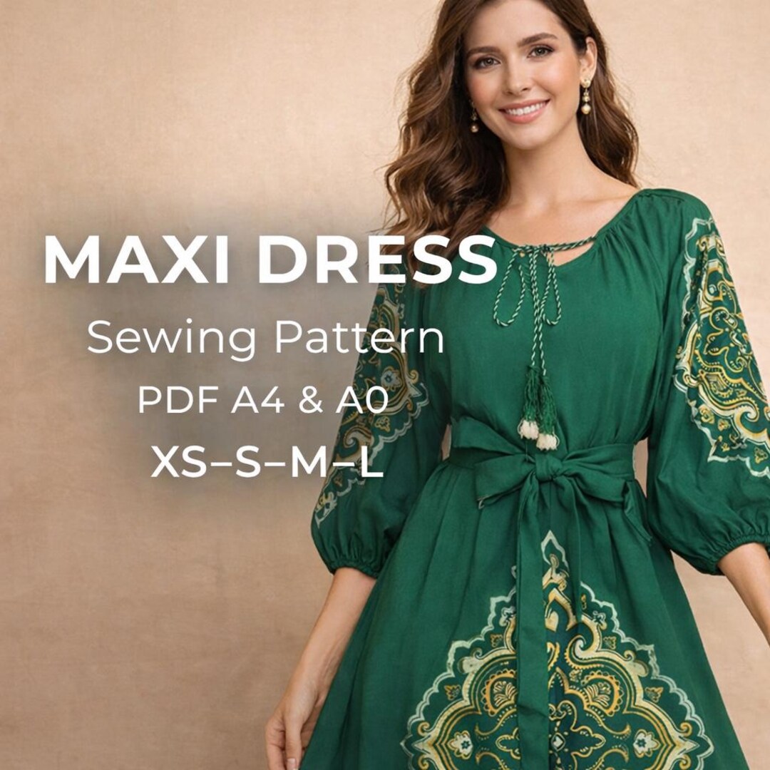 Long Sleeve Maxi Dress Sewing Pattern PDF A4 A0 | Balloon Sleeves Dress ...