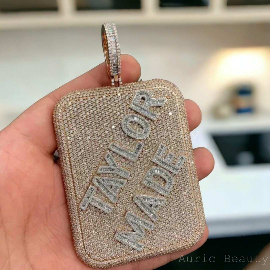 Iced Out Dog Tag Pendant, Custom Letter, Real Moissanite Baguette Name ...