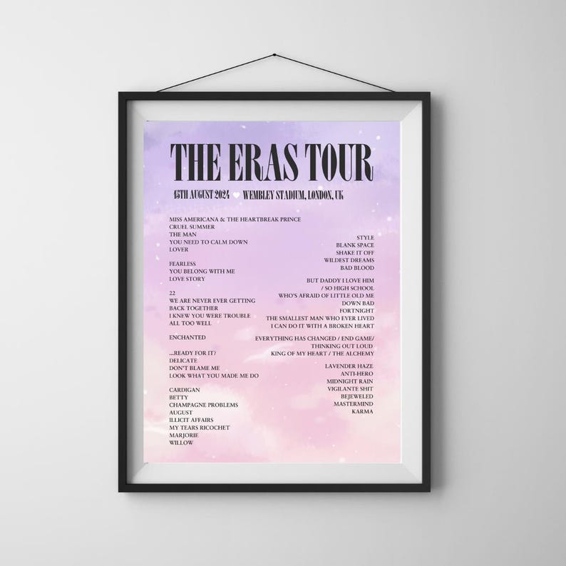 ERAS 15th August 2024 Wembley London Setlist Poster Fan Inspired Wall Art Music Print UNFRAMED ...