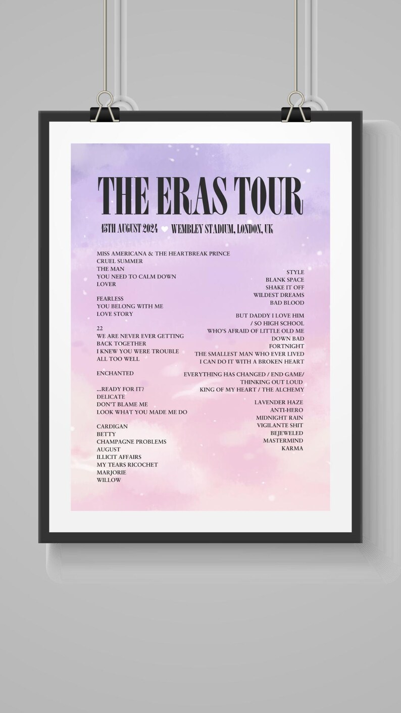 ERAS 15th August 2024 Wembley London Setlist Poster Fan Inspired Wall Art Music Print UNFRAMED ...
