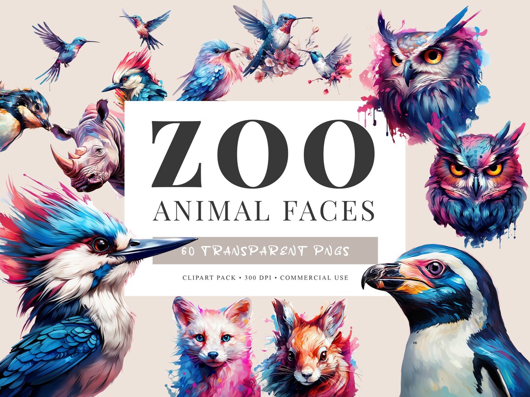 Zoo Animal Faces Clipart Pack, Clip Art for Commercial Use, Transparent ...