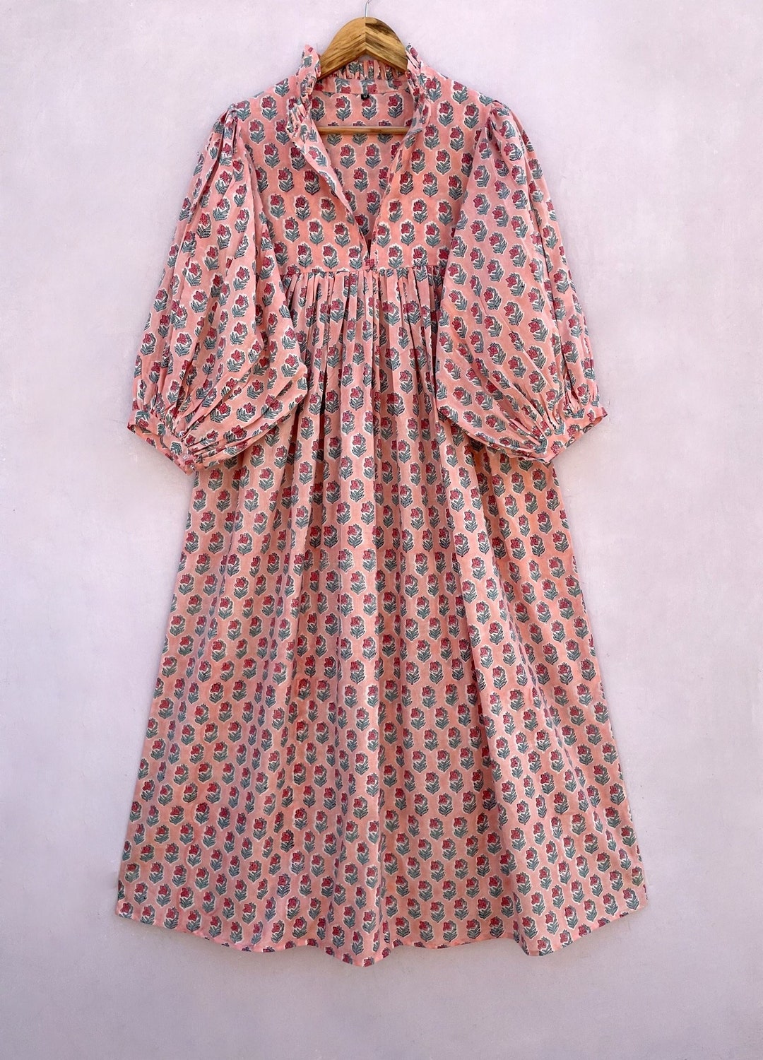 Pink Booty Printed Cotton Summer Long Maxi Dress / V Neckline Bohemian ...