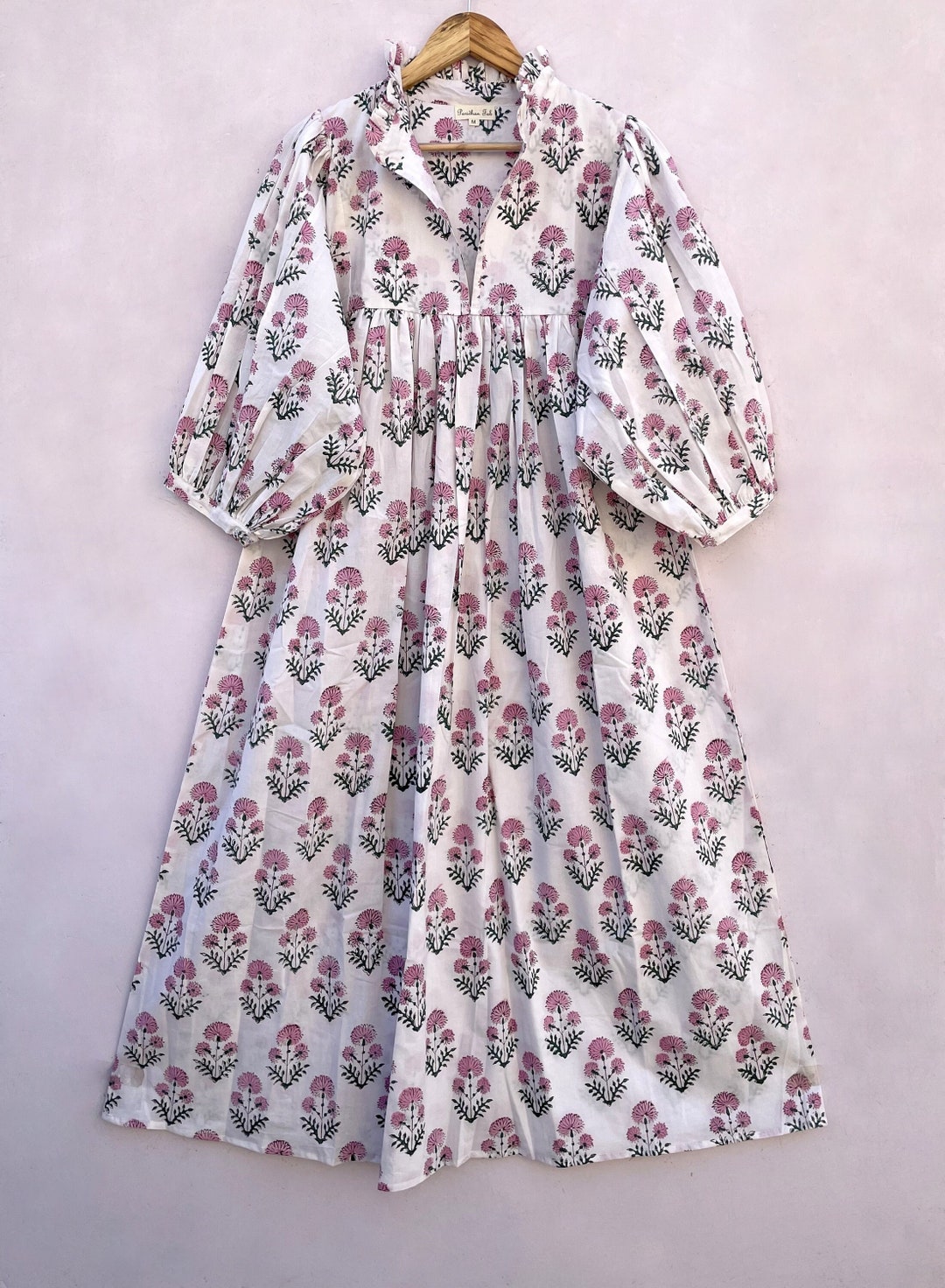 Pink Floral Boota Printed Summer Long Frill Maxi Dress / V Neckline ...