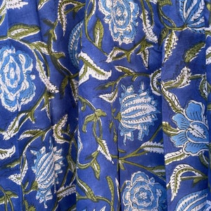 Cotton Hand Block Printed Blue Lotus Maxi Dress / 3/4th Sleeve With ...