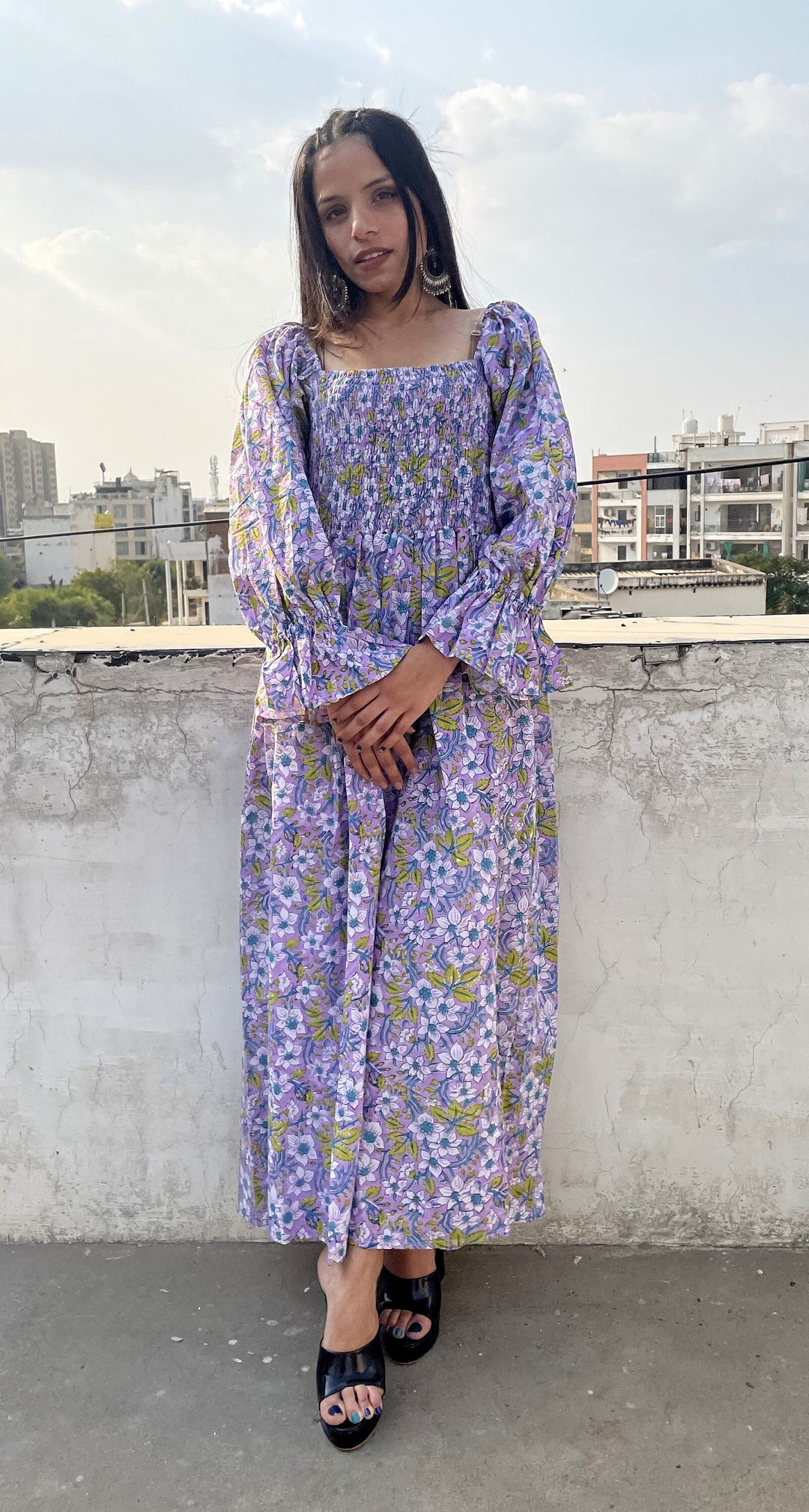 Smocking Hippie Maxi Dress / Square Neck With Smocked Dress / - Etsy