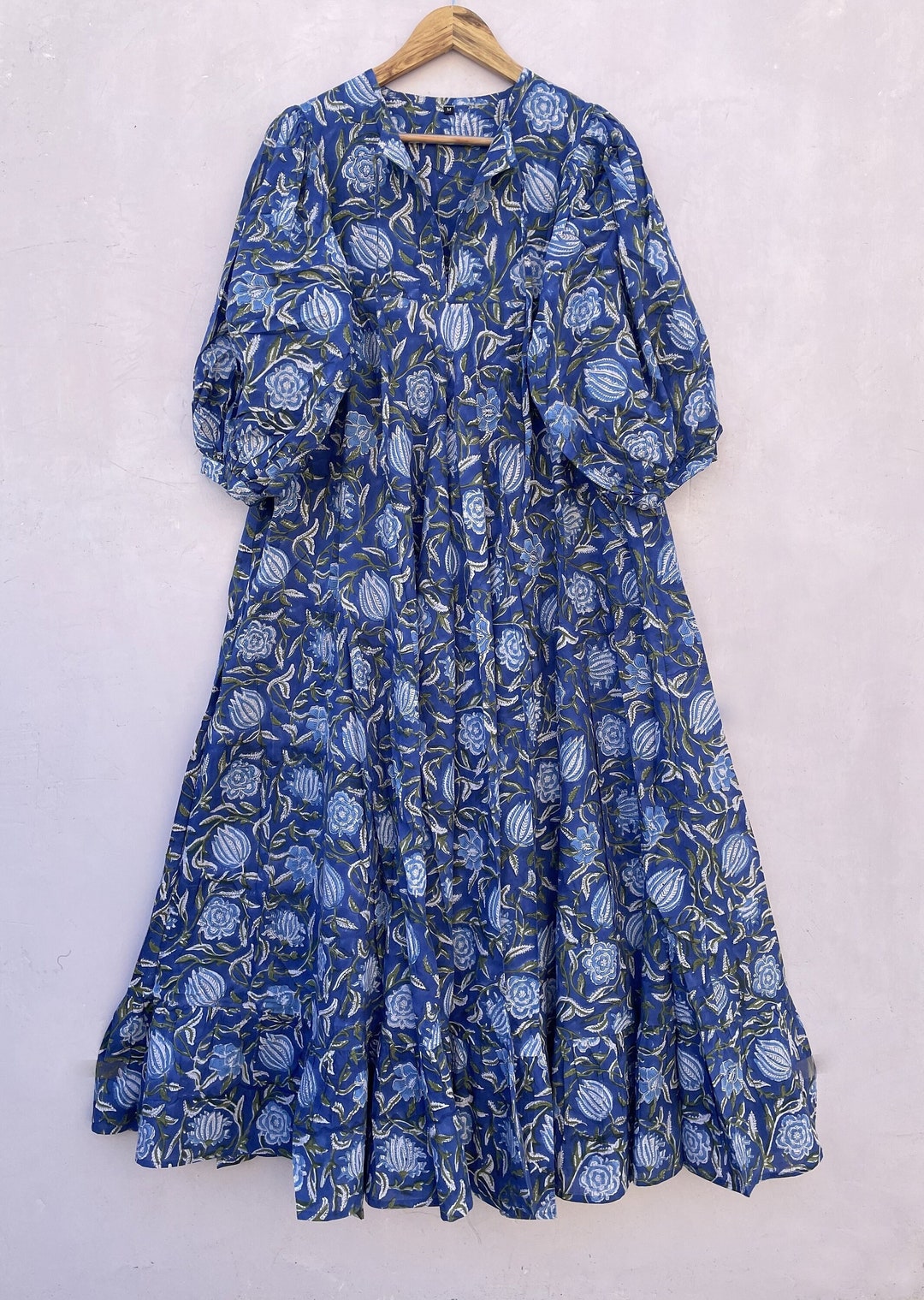 Cotton Hand Block Printed Blue Lotus Maxi Dress / 3/4th Sleeve With ...