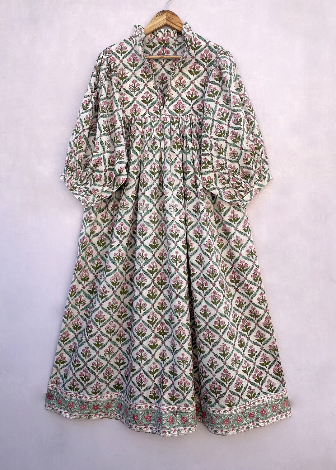 Green Pink Leaf Printed Frill Long Maxi Dress / V Neckline Cotton Maxi ...