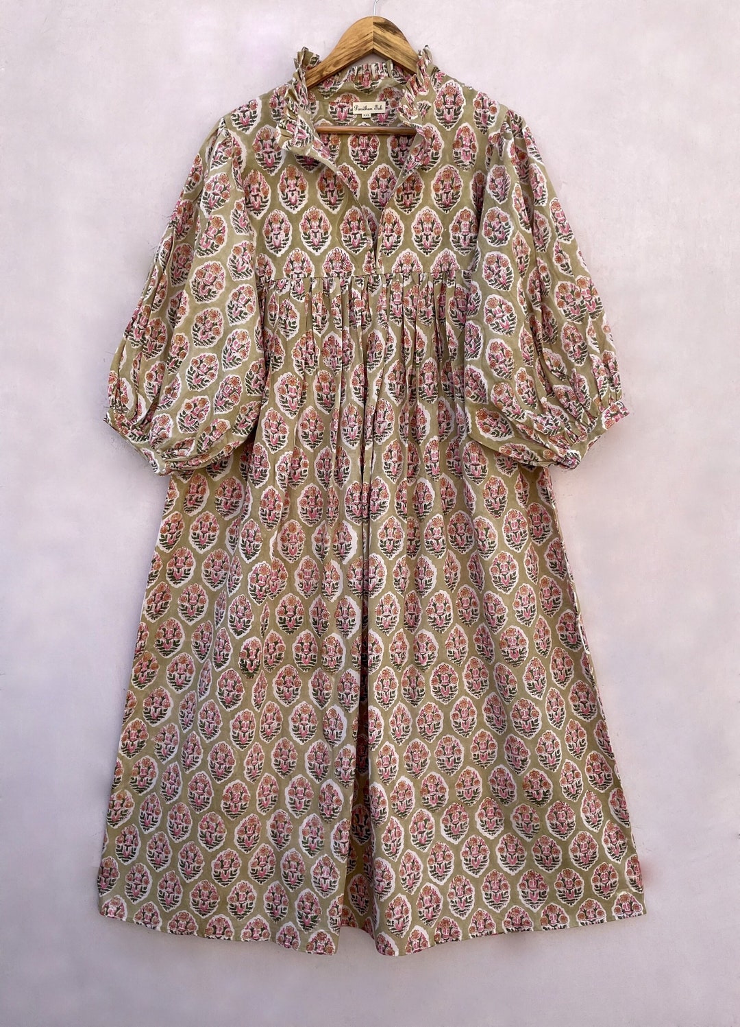 Light Green Tree Boota Printed Cotton Long Maxi Dress / V Neckline ...