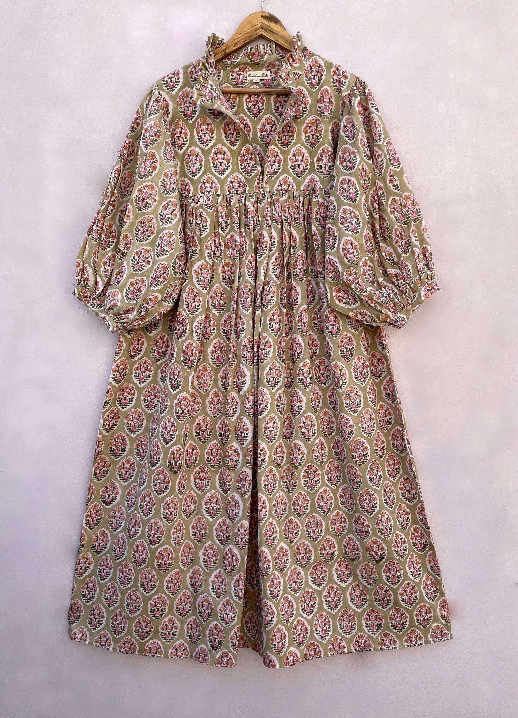 Light Green Tree Boota Printed Cotton Long Maxi Dress / V Neckline ...