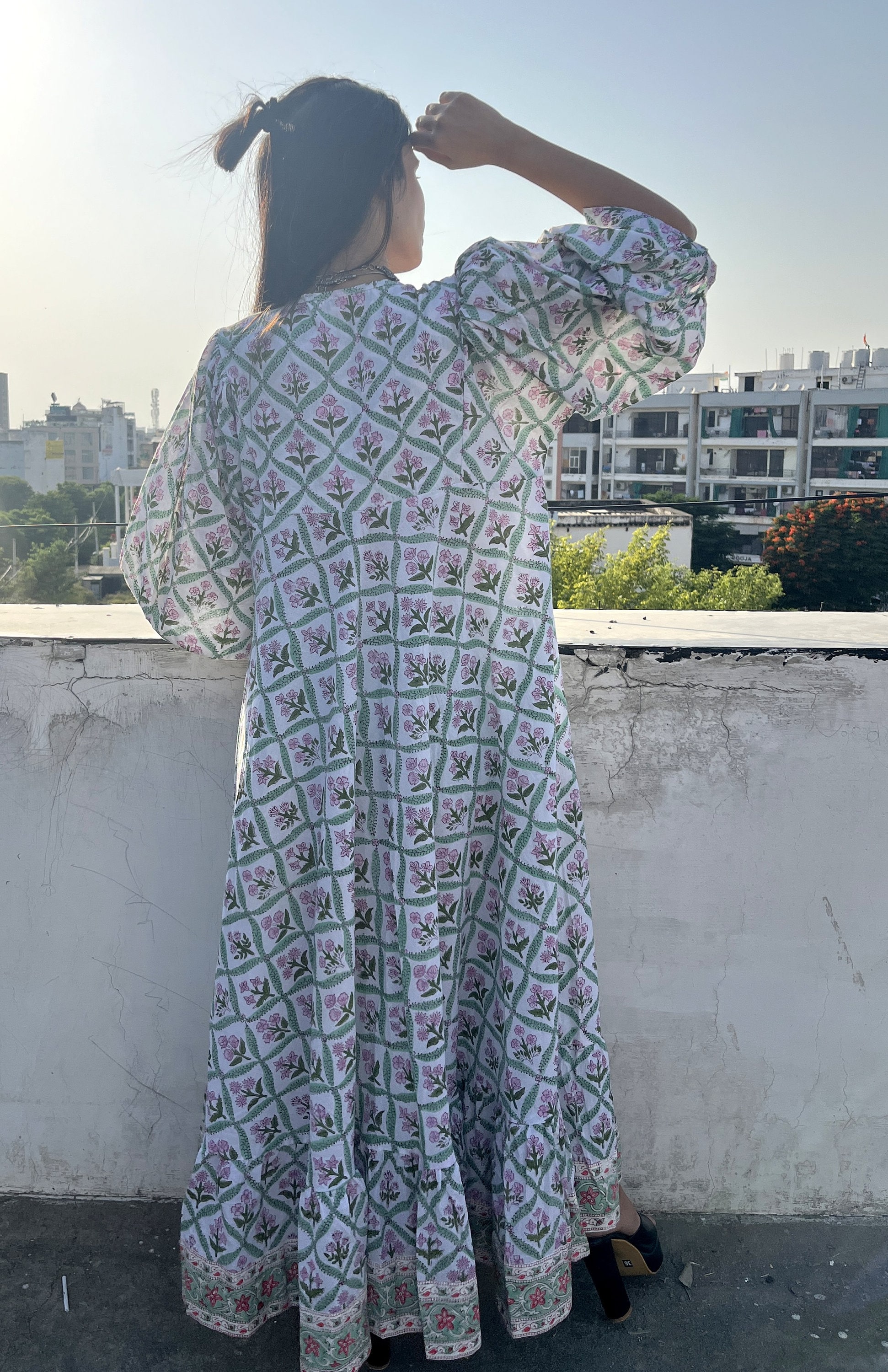 Hand Block Printed Cotton Maxi Dress / Henley Neckline With Button Maxi ...