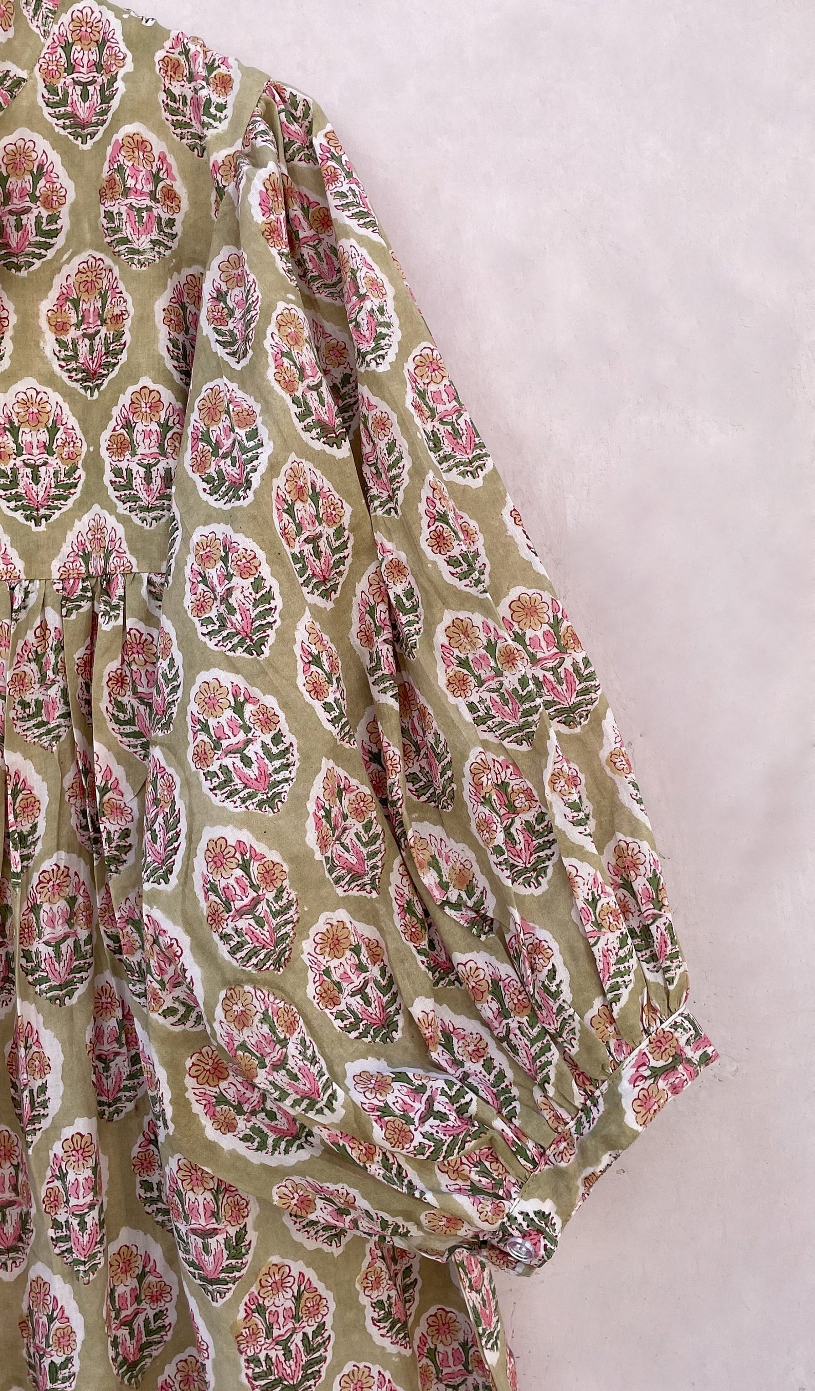 Light Green Tree Boota Printed Cotton Long Maxi Dress / V Neckline ...