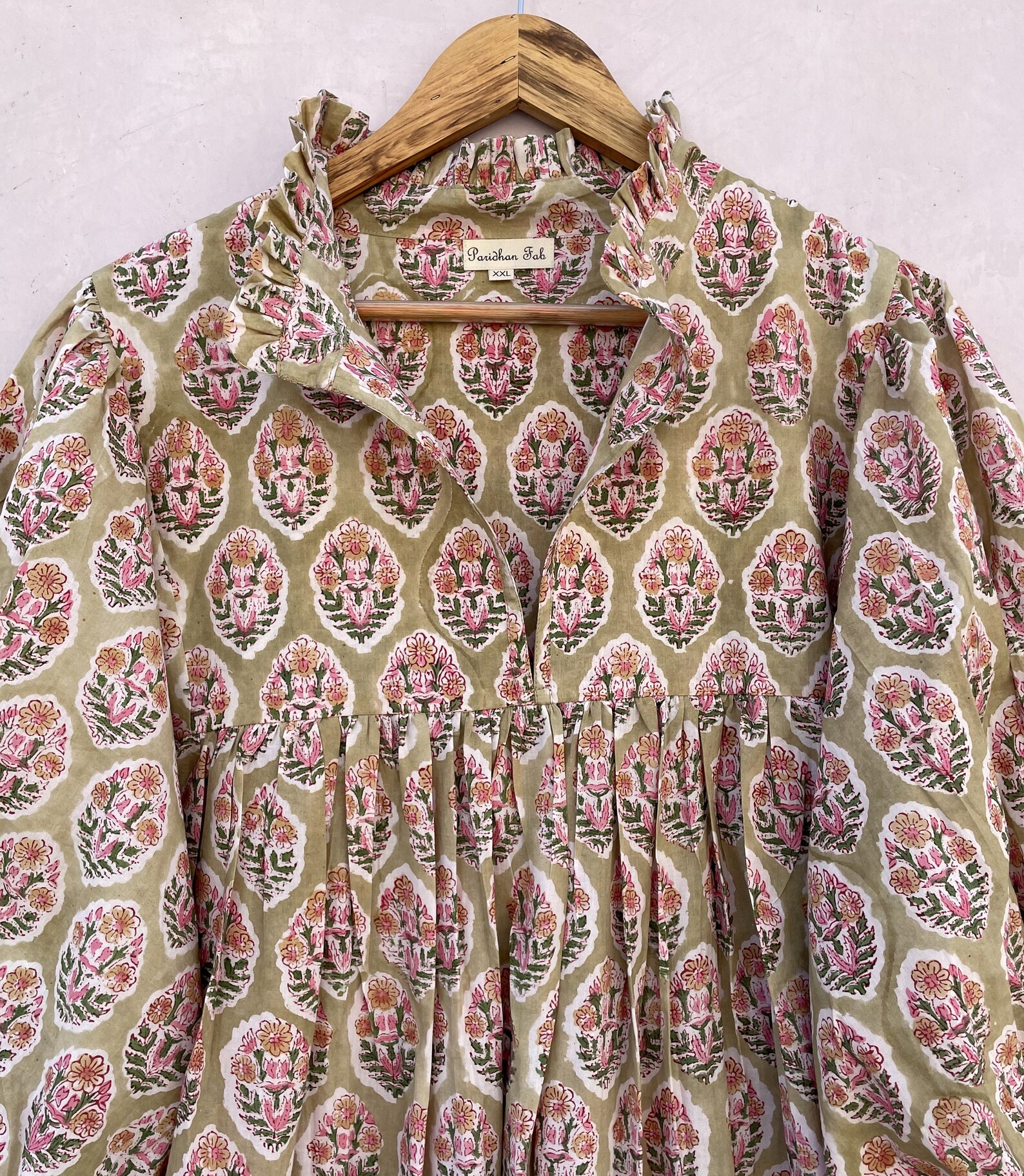 Light Green Tree Boota Printed Cotton Long Maxi Dress / V Neckline ...