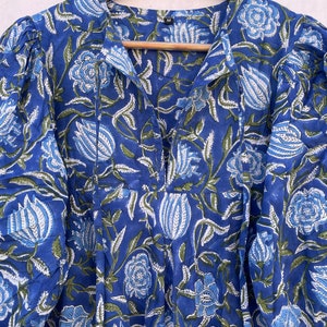 Cotton Hand Block Printed Blue Lotus Maxi Dress / 3/4th Sleeve With ...