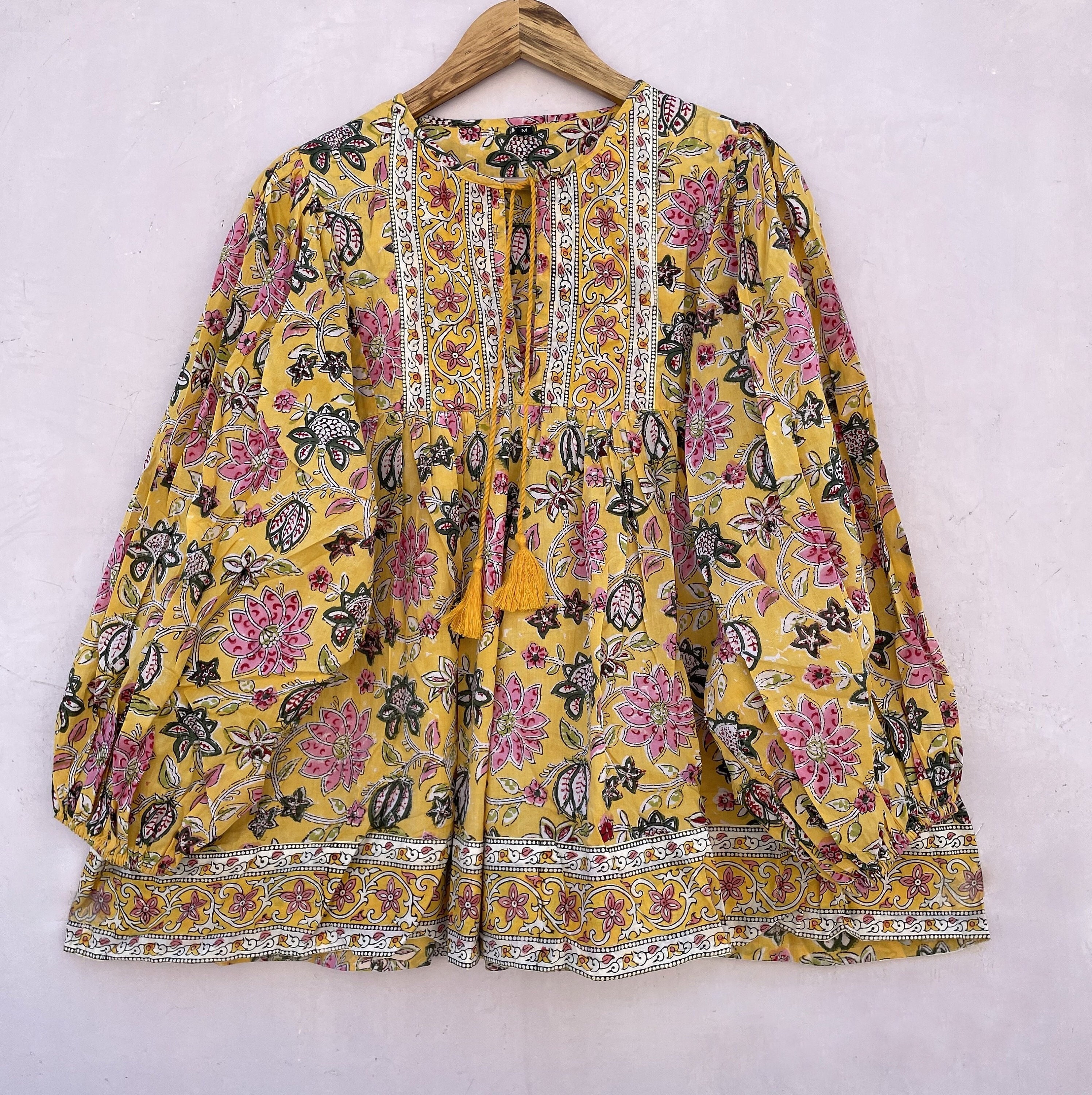 Yellow Pink Flower Printed Blouse and Tops / Henley Neckline With ...