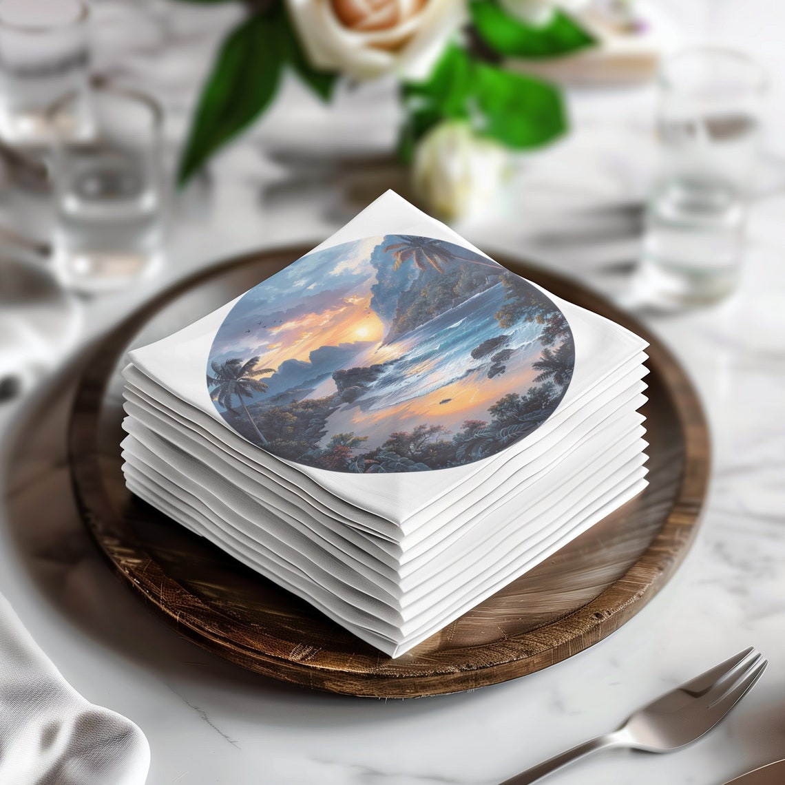 Beautiful Tropical Sunset Beach Scene Art, Decorative Beach Napkin ...