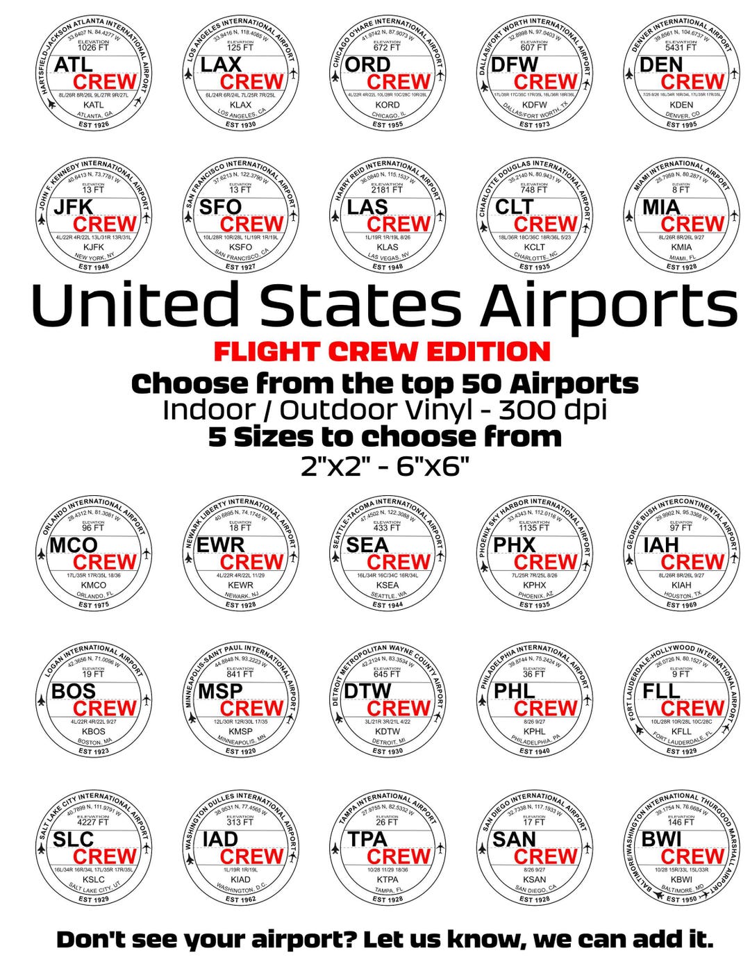 US Airport Airline Flight CREW Edition Vinyl Indoor Outdoor Stickers ...