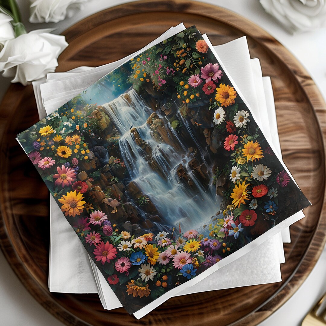 Waterfall and Flower Garden Napkin, Colorful Nature Scene Napkin ...