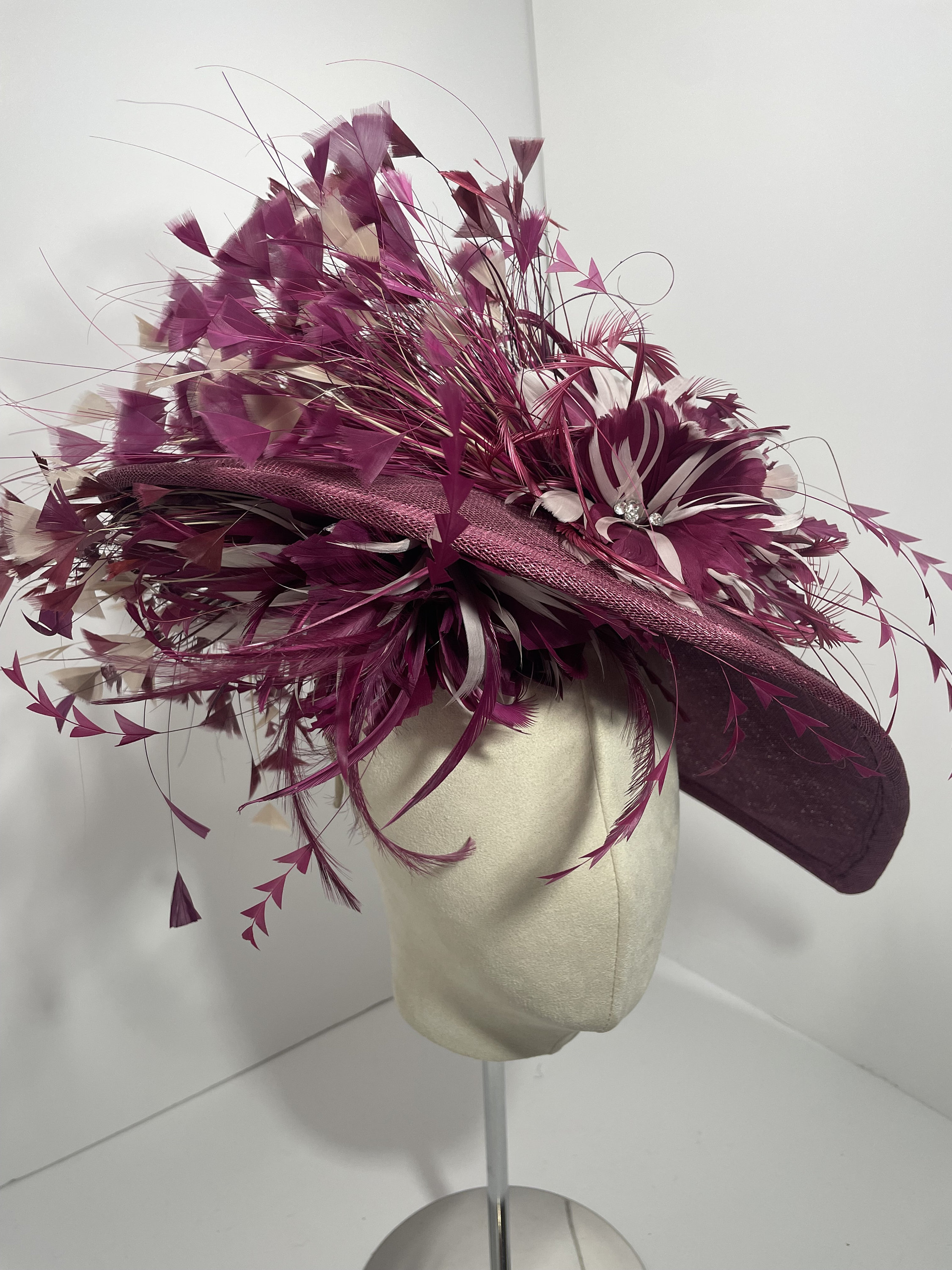 CHERYL Burgundy Tear Drop Hatinator With Feather Detail. Lightweight ...