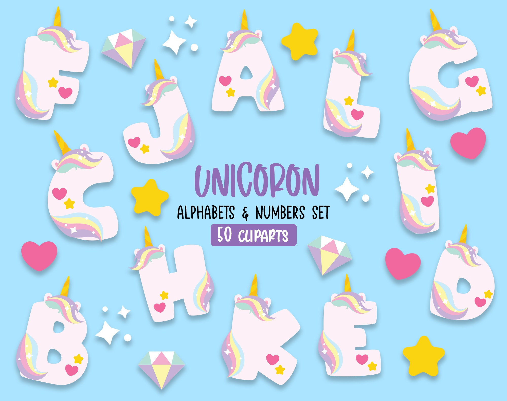 Unicorn Alphabets and Number Bundle, Unicorn Alphabet Clipart, Unicorn ...