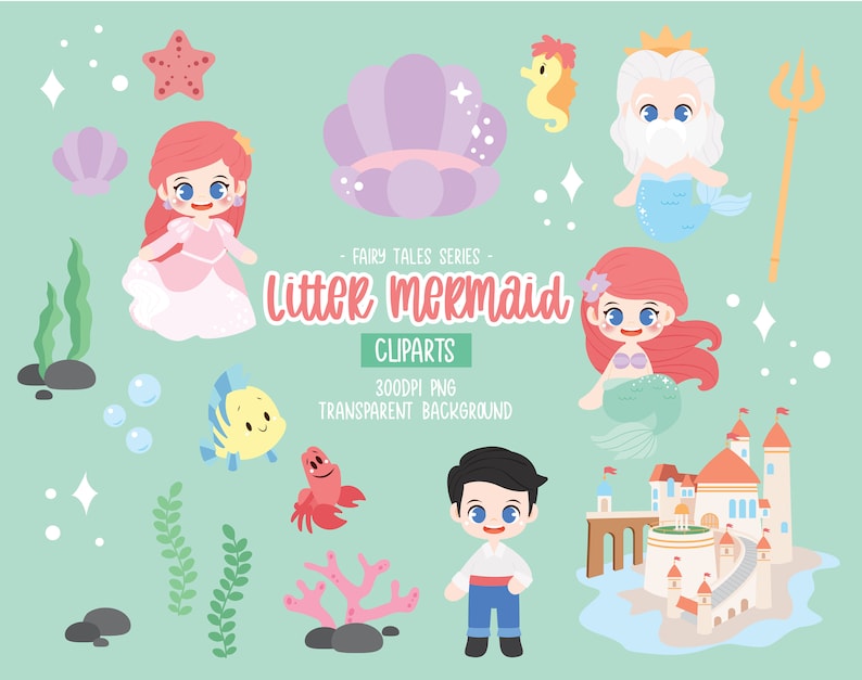 Little Mermaid Clipart, Princess Clipart, Fairytale Clipart, PNG ...