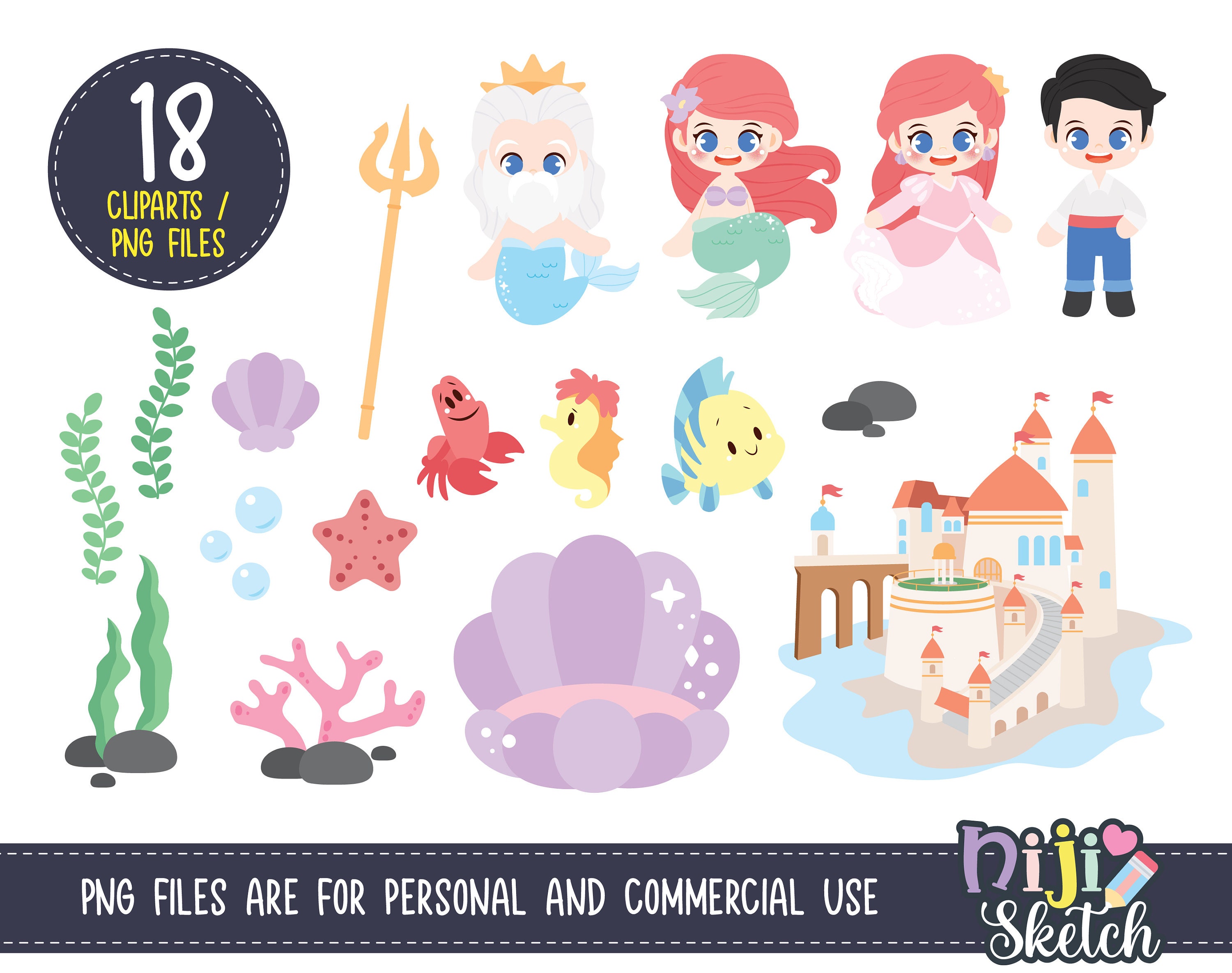 Little Mermaid Clipart, Princess Clipart, Fairytale Clipart, PNG ...