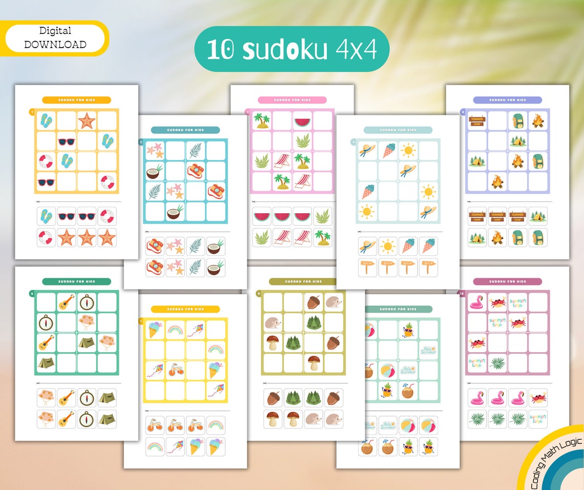 SUMMER Sudoku for Kids Summer Activities for Kids Kids Sudoku 4x4 ...