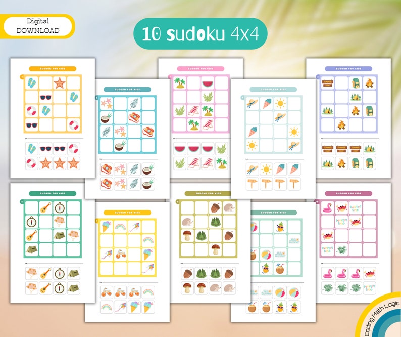 SUMMER Sudoku for Kids Summer Activities for Kids Kids Sudoku 4x4 ...