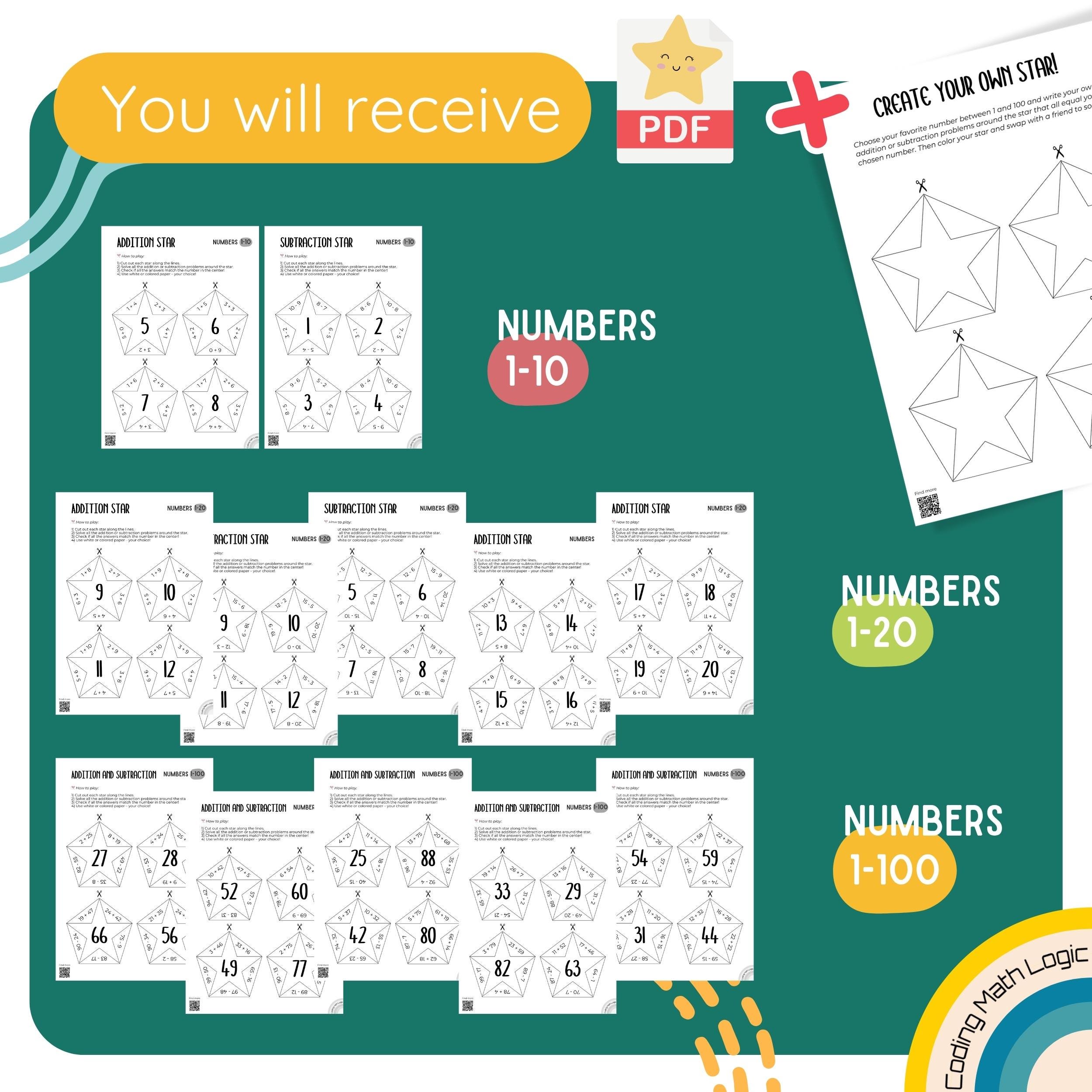Addition Subtraction Math Game: Printable Star Worksheets (PDF Download ...