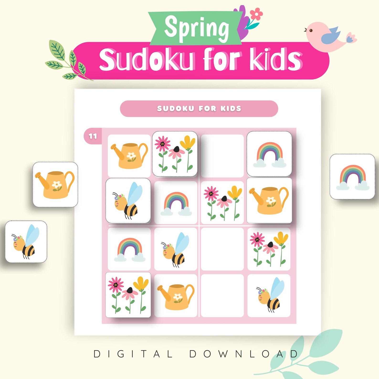 Printable Spring Sudoku Puzzles for Kids: Easy 3x3, 4x4 Grids (PDF) - Etsy