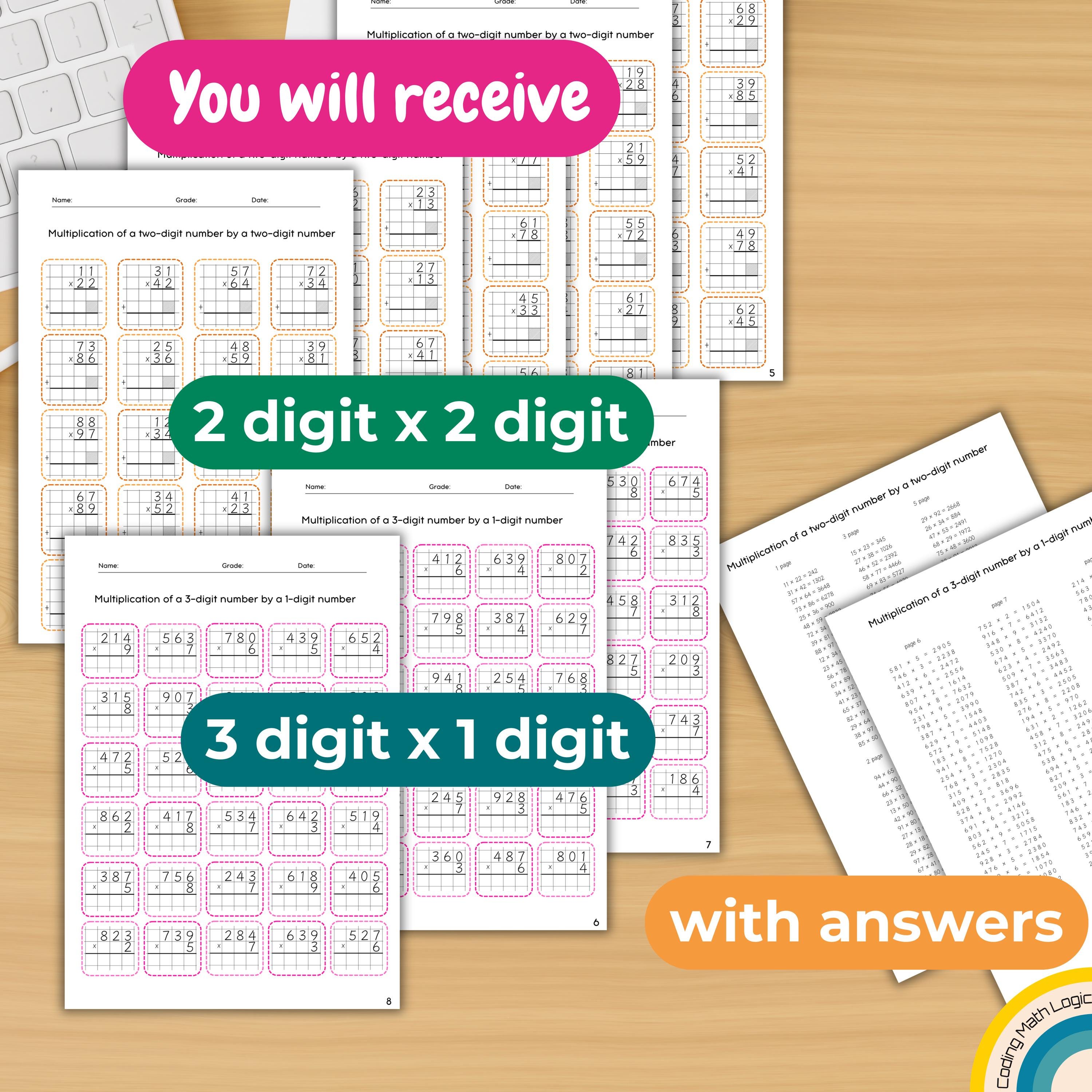 Multiplication Worksheets: 2 & 3 Digit Math Problems (PDF Download) - Etsy