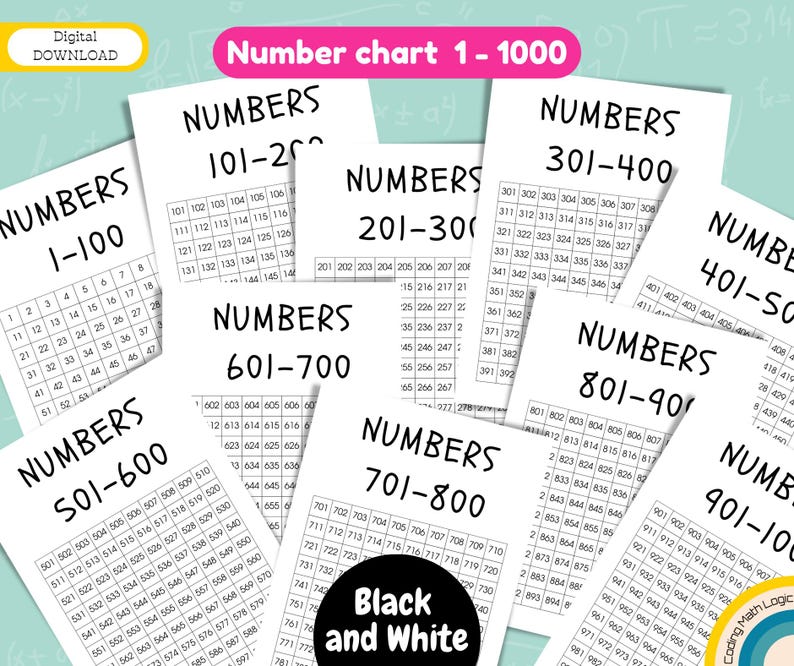 Numbers 1-1000 Chart: Math Worksheets Printable (digital Download) - Etsy