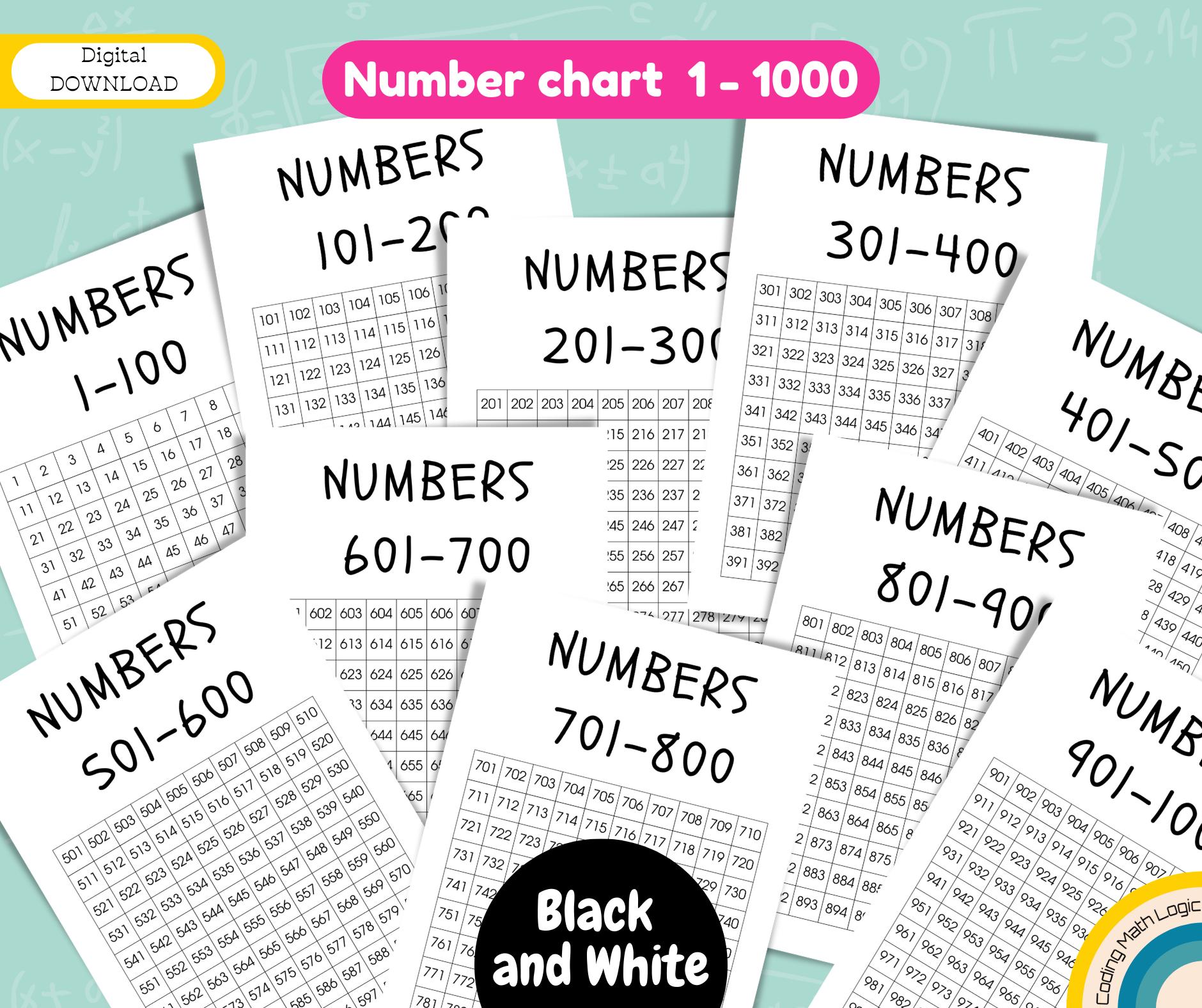 Numbers 1-1000 Chart: Math Worksheets Printable (digital Download) - Etsy