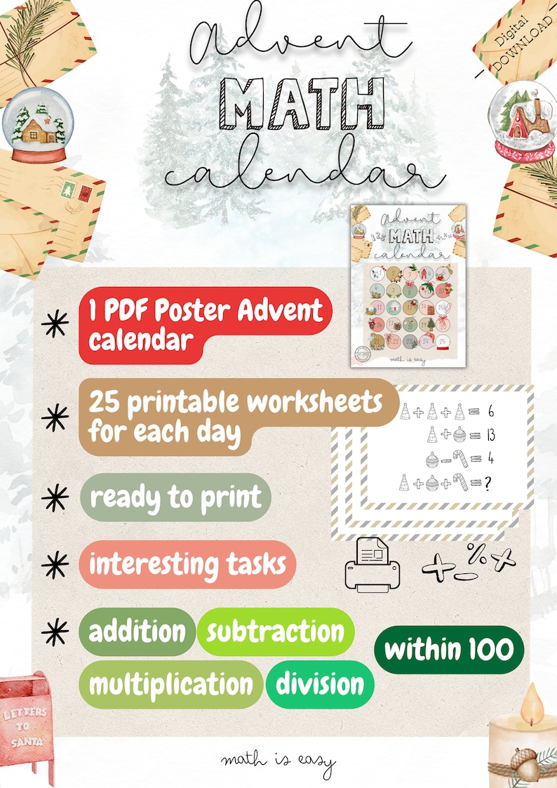 Advent Calendar Math MATH Worksheets Christmas Math Addition ...