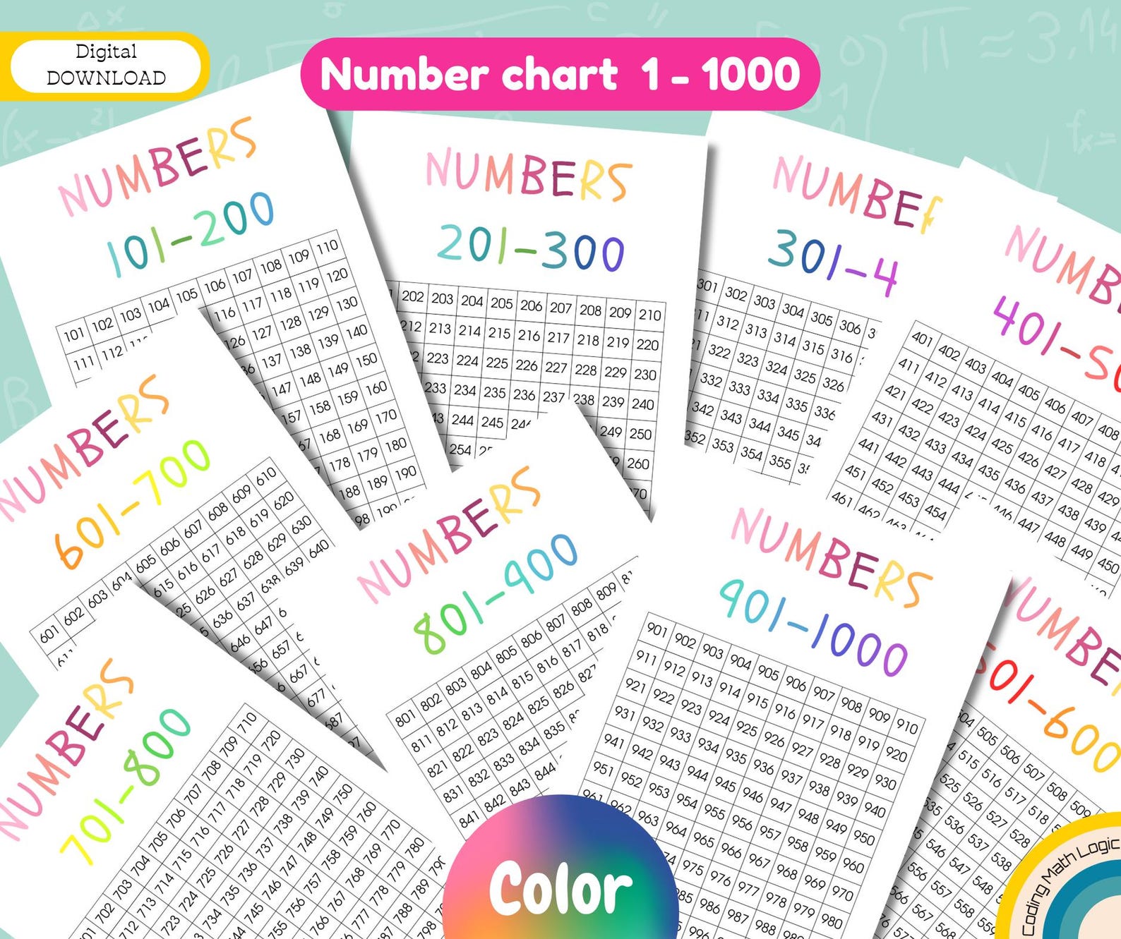 Numbers 1-1000 Chart: Math Worksheets Printable (digital Download) - Etsy