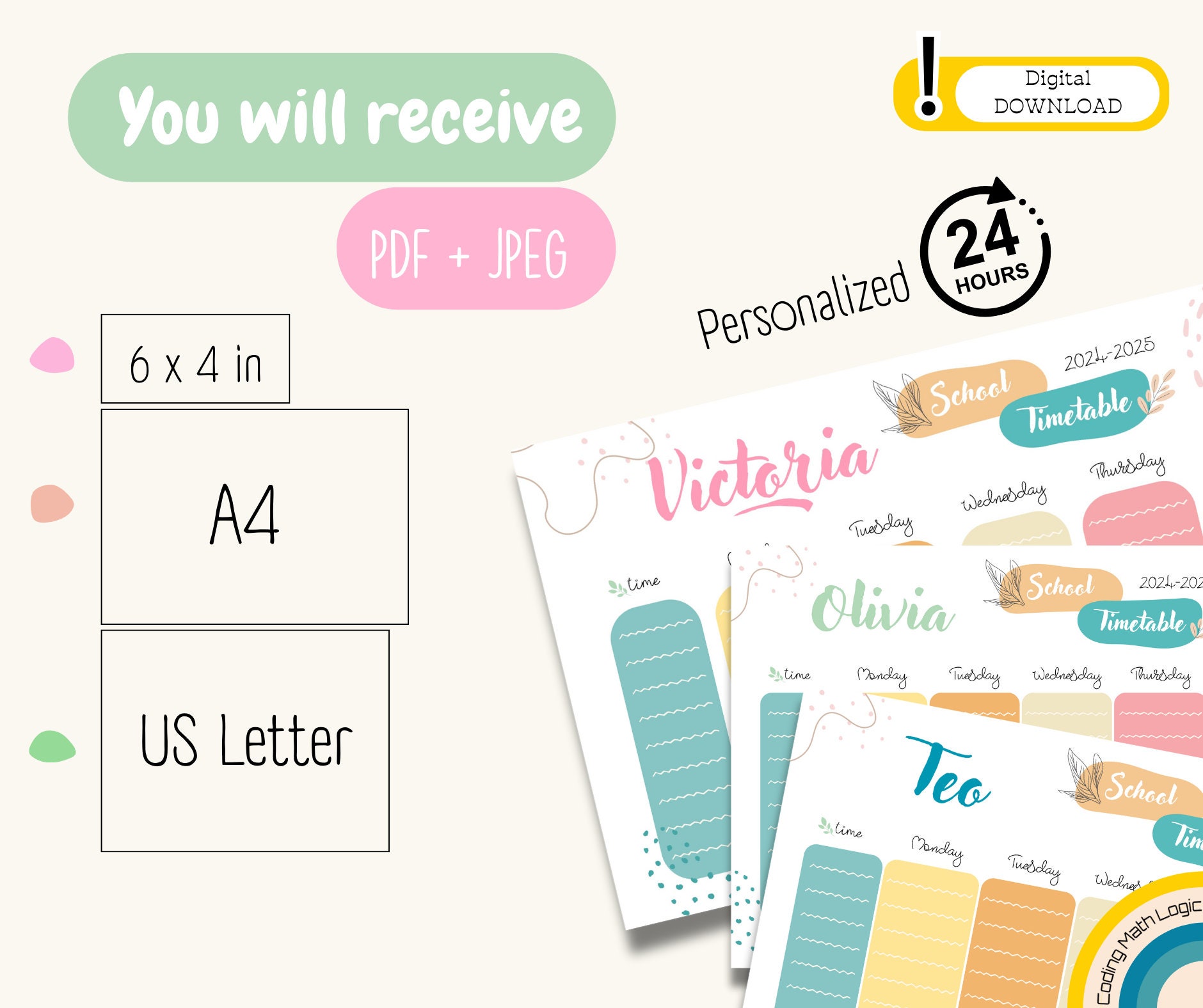 Personalized School Timetable for Kids Printable Weekly Class Schedule ...