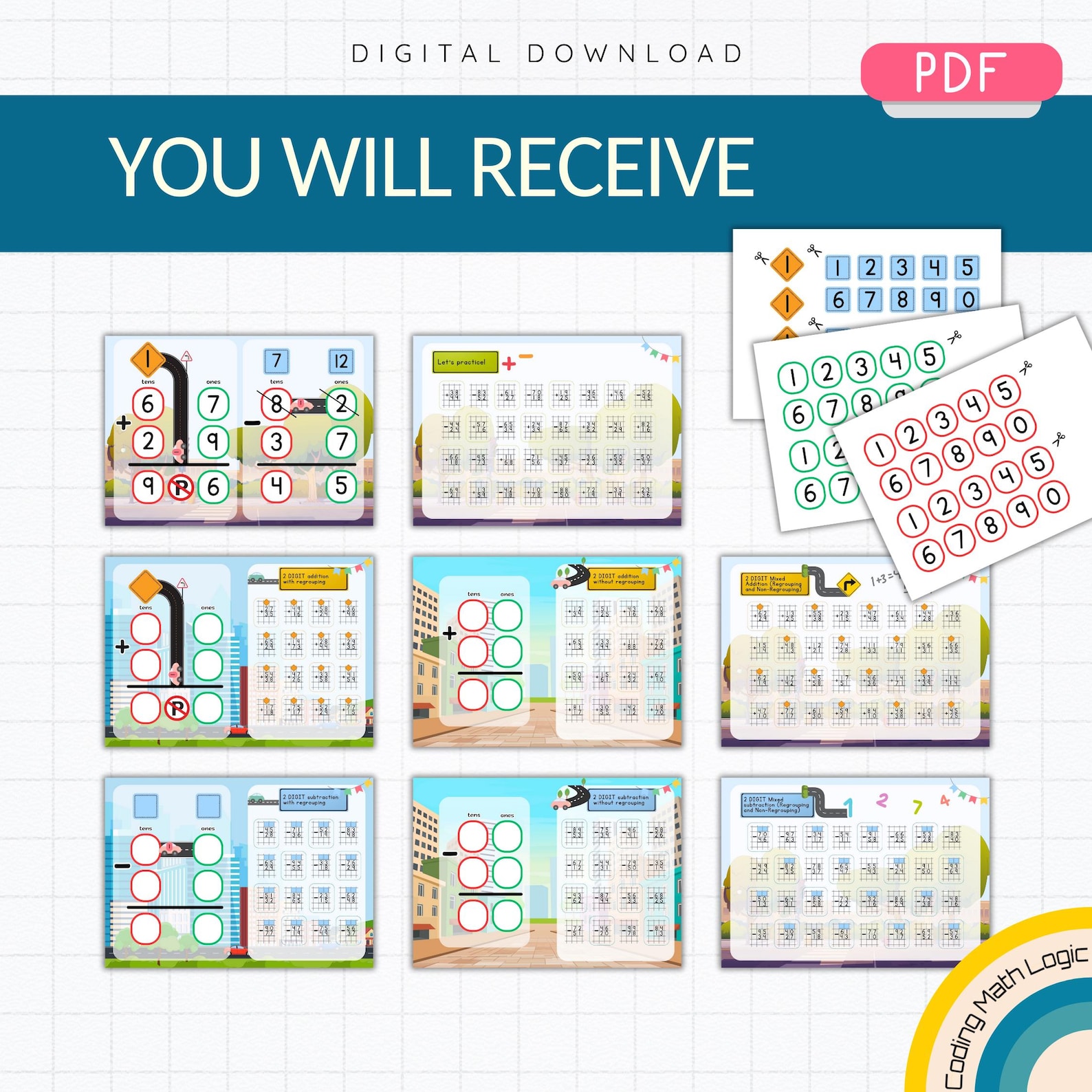 MATH Worksheets for 2-digit Addition & Subtraction Road Trip Math ...