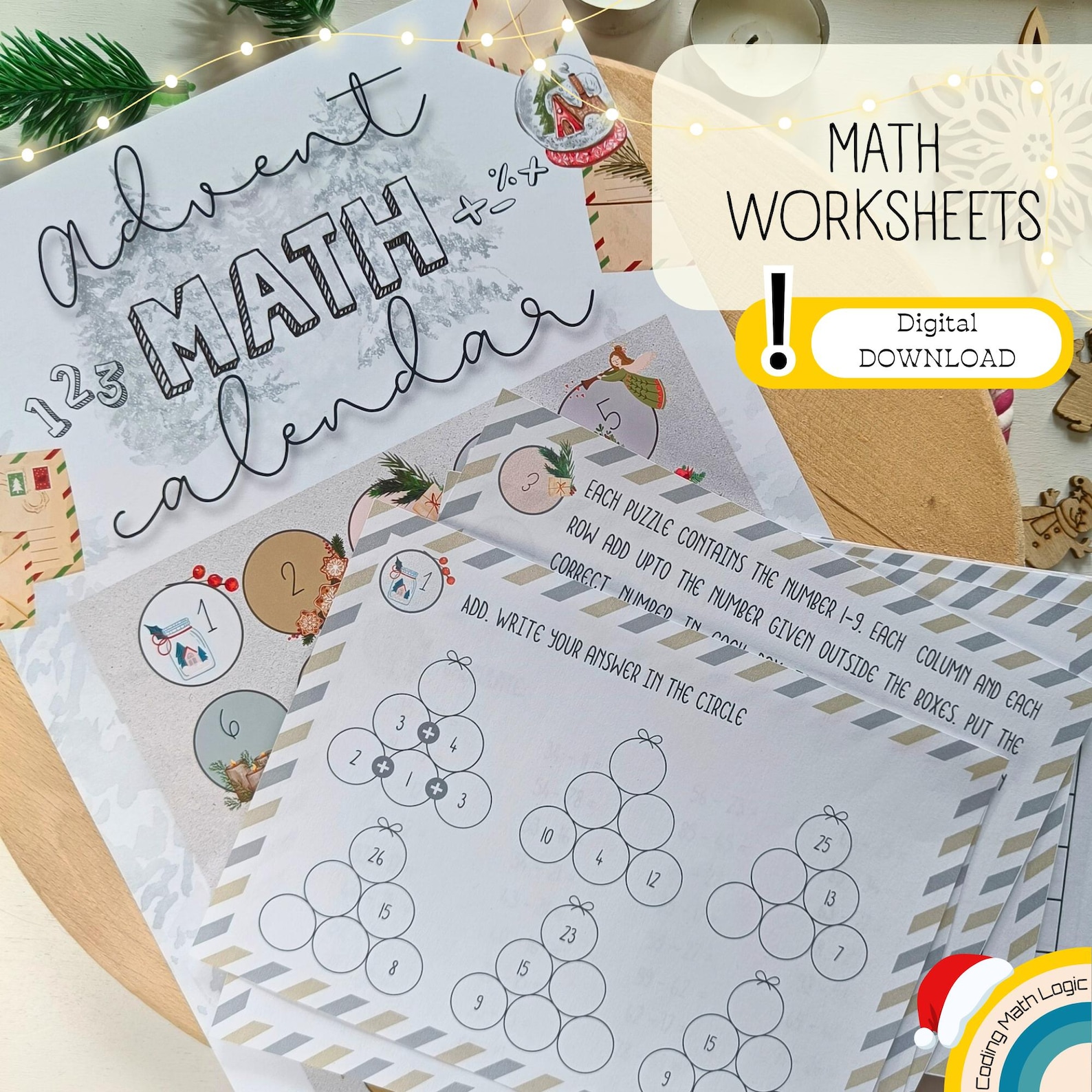 Advent Calendar Math MATH Worksheets Christmas Math Practicing Addition ...