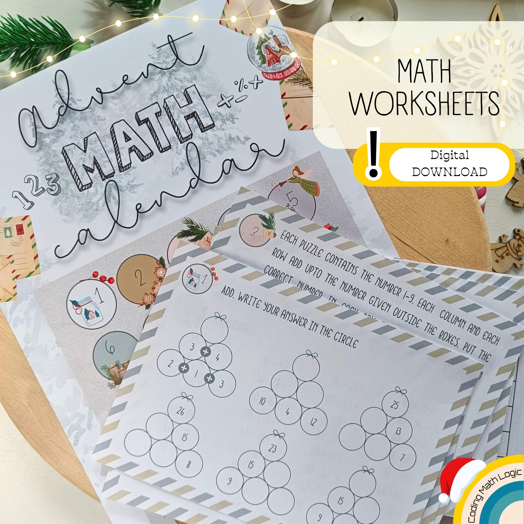 Advent Calendar Math MATH Worksheets Christmas Math Practicing Addition ...