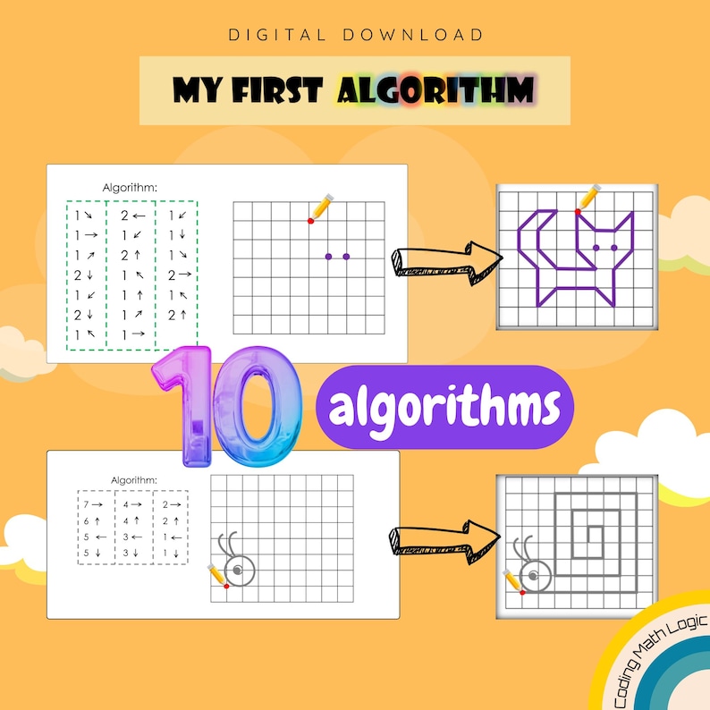 Coding for Kids Worksheets: Logic Game Brain Teaser Graphical Dictation ...