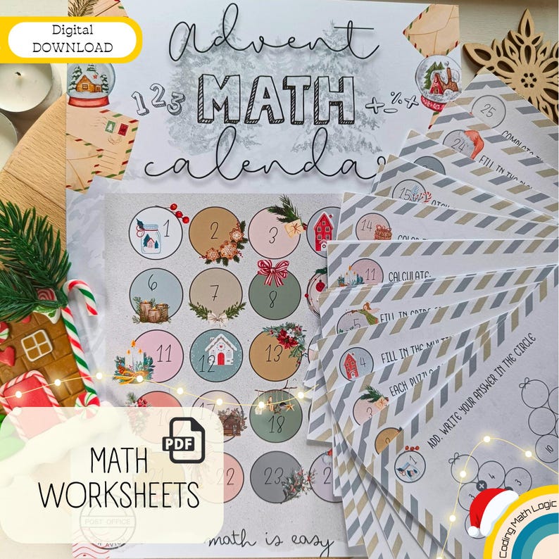 Advent Calendar Math MATH Worksheets Christmas Math Practicing Addition ...