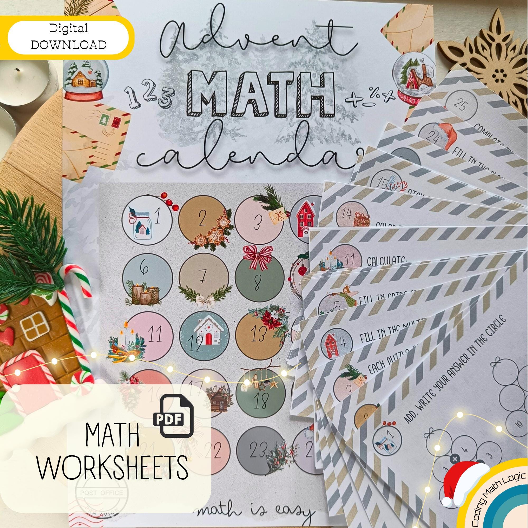 Advent Calendar Math MATH Worksheets Christmas Math Practicing Addition ...