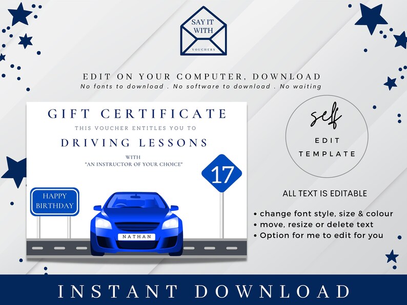 DRIVING LESSONS Gift Voucher Digital Download Learner Driver Gift ...