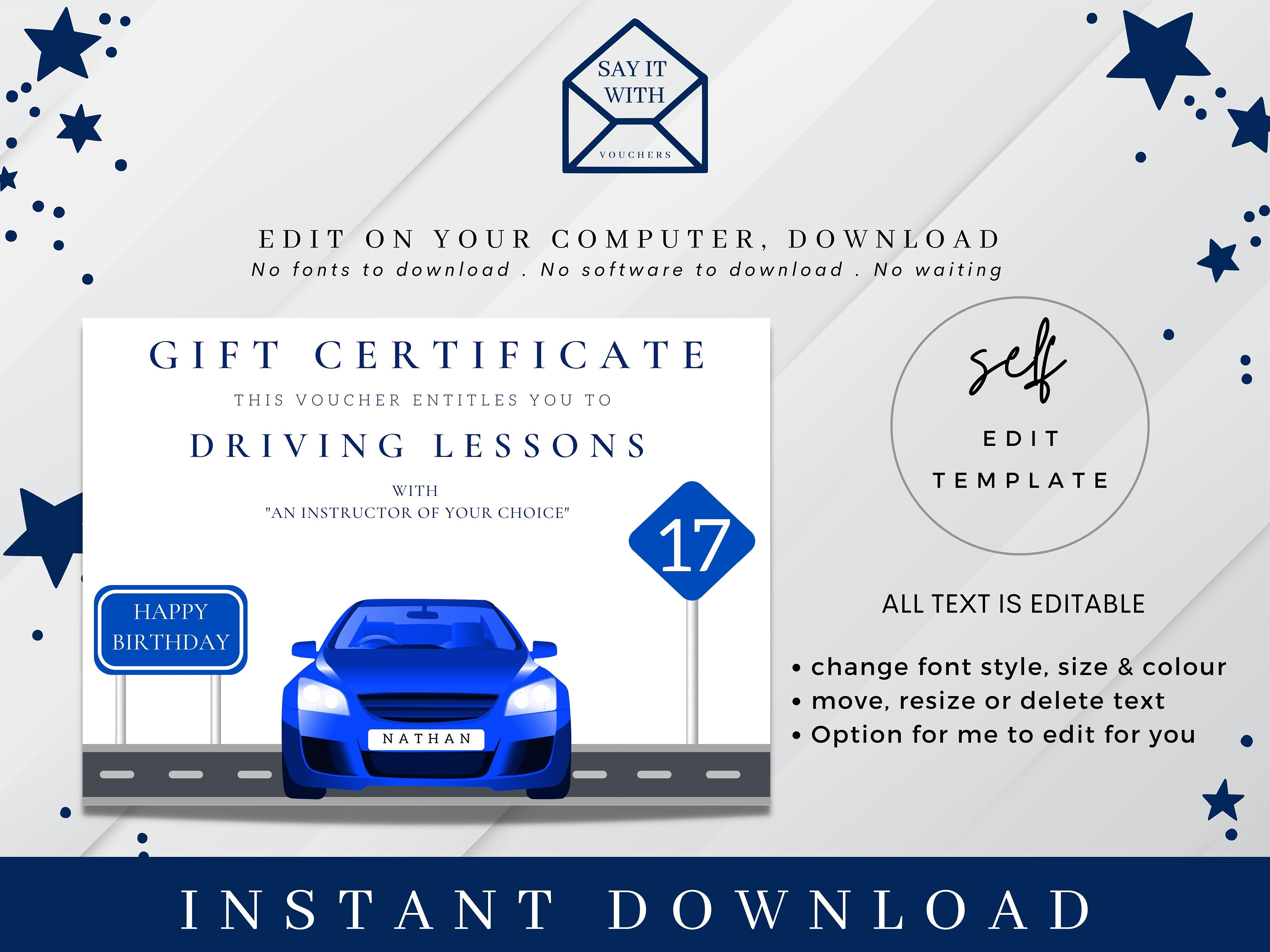 DRIVING LESSONS Gift Voucher Digital Download Learner Driver Gift ...