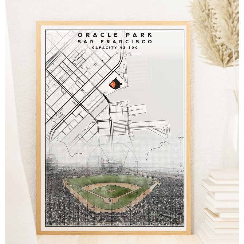 Oracle Park Baseball Stadium Map Wall Art, Modern Minimalist MLB Sports ...