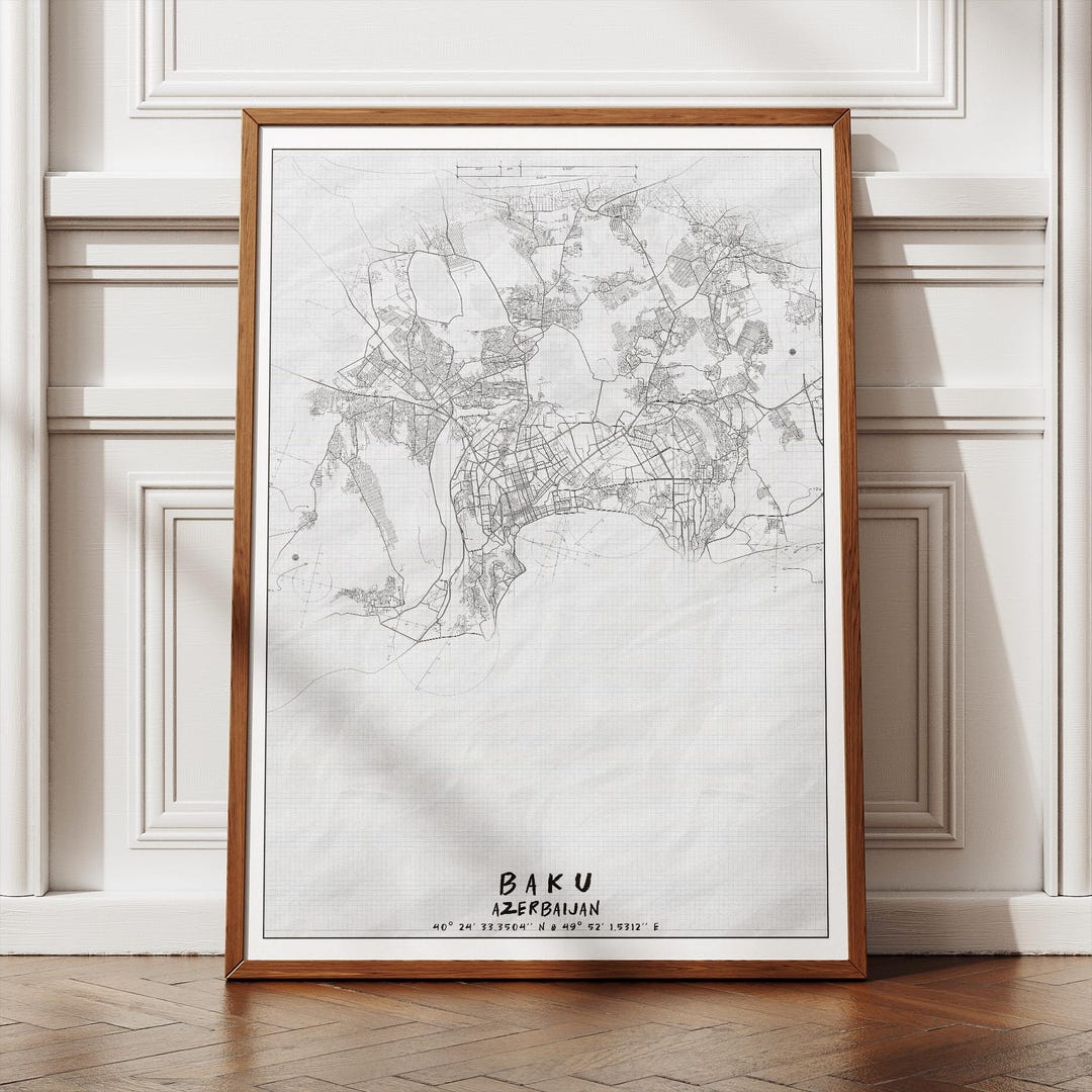 Baku City Map Wall Art and Downloadable Black & White Azerbaijan Decor ...