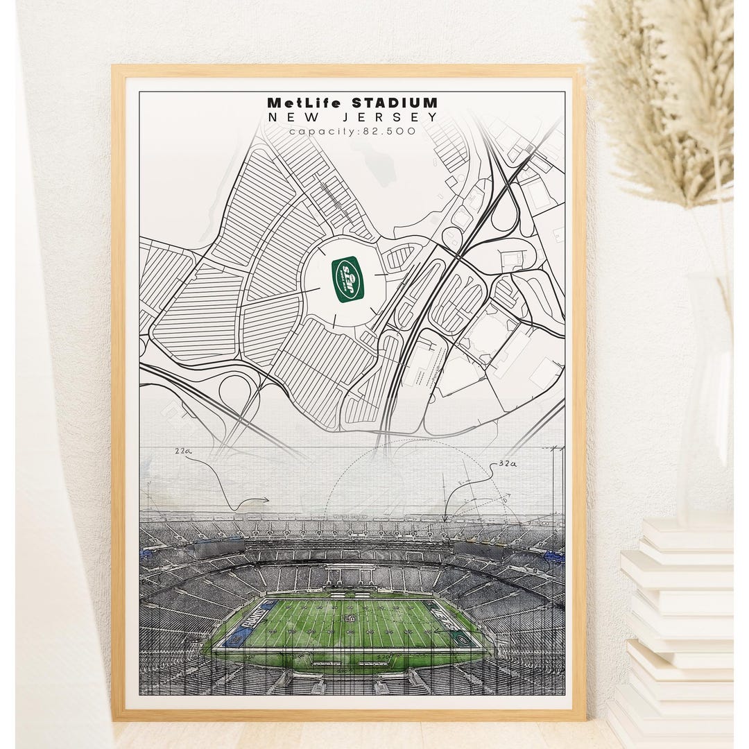 Metlife NFL Stadium Map Wall Art, New York Jets American Football Team ...