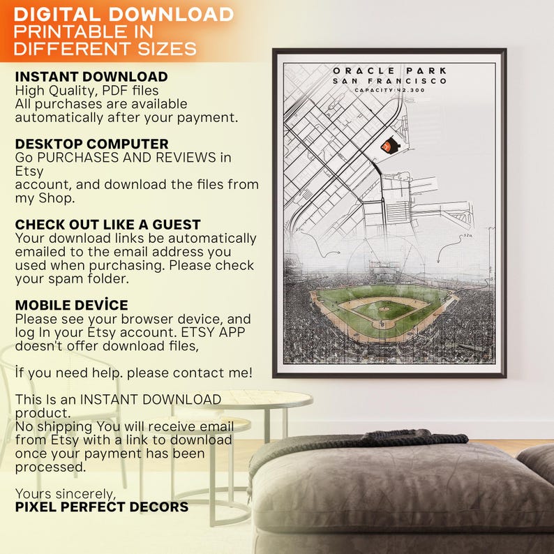 Oracle Park Baseball Stadium Map Wall Art, Modern Minimalist MLB Sports ...