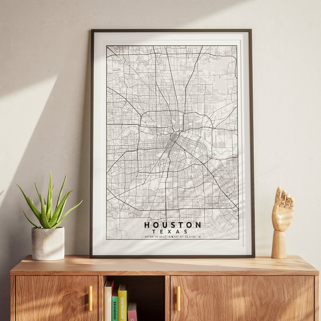 Houston City Map Wall Decor for Living Room Black & White Downloadable ...