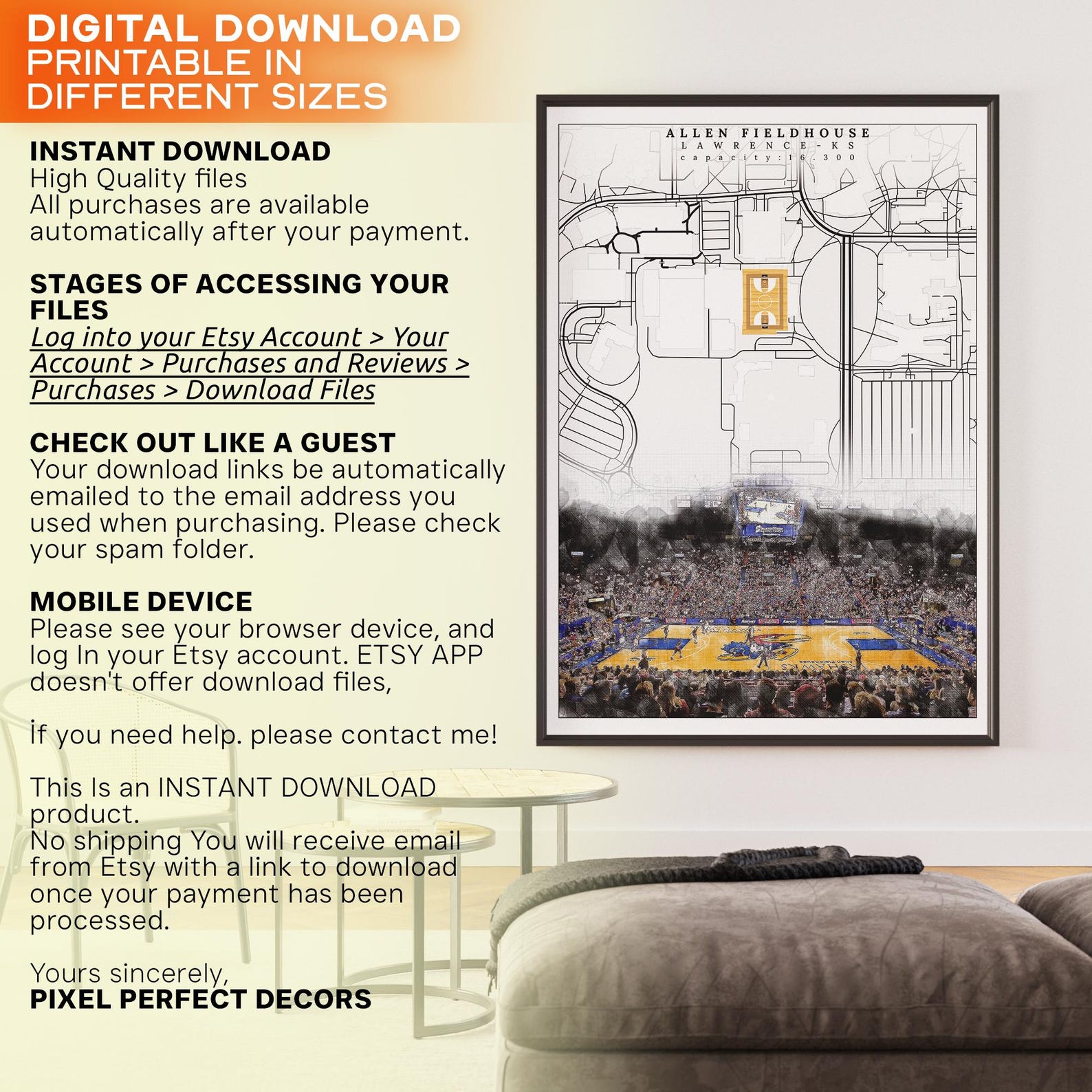 Map Design of Allen Fieldhouse NCAA Stadium Artwork, Digital Basketball ...