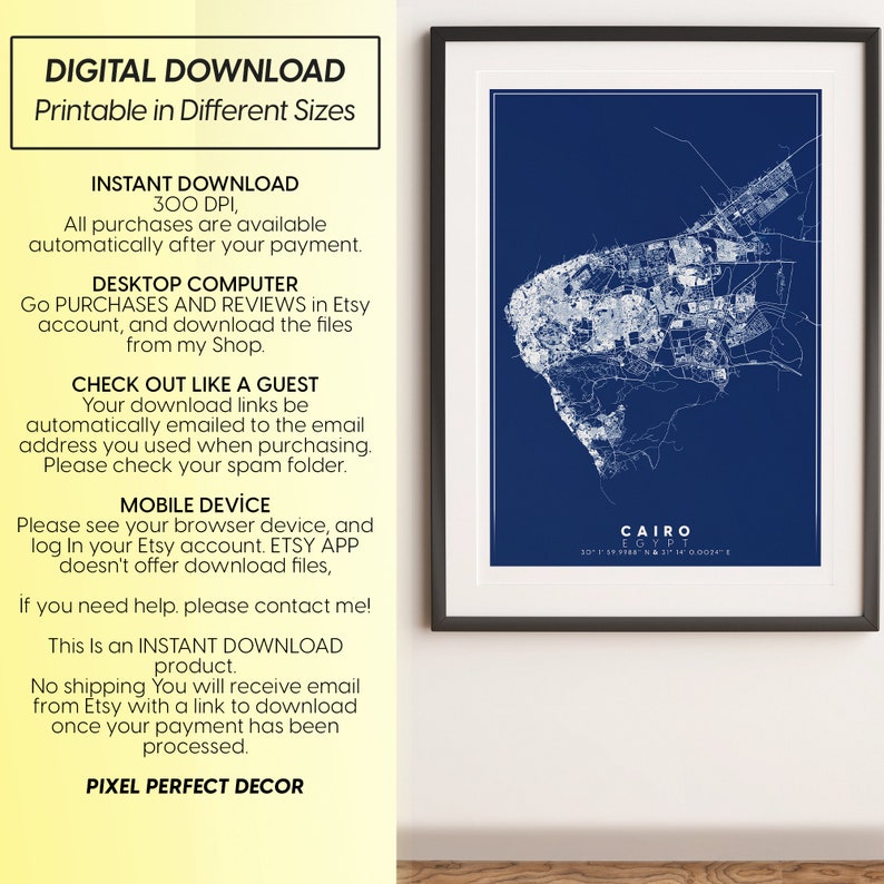 Cairo City Map Poster for Living Room Deep Blue Downloadable Wall Art ...